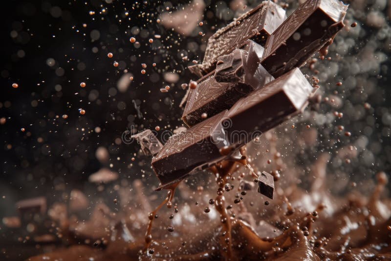 Exploding Chocolate Pieces with Flying Droplets Stock Photo - Image of ...