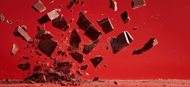 Exploding Chocolate Pieces in Mid-Air Against Red Background ...