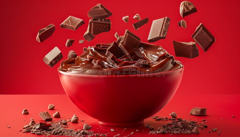 Exploding Chocolate Pieces Splashing Out of Red Bowl with Liquid ...