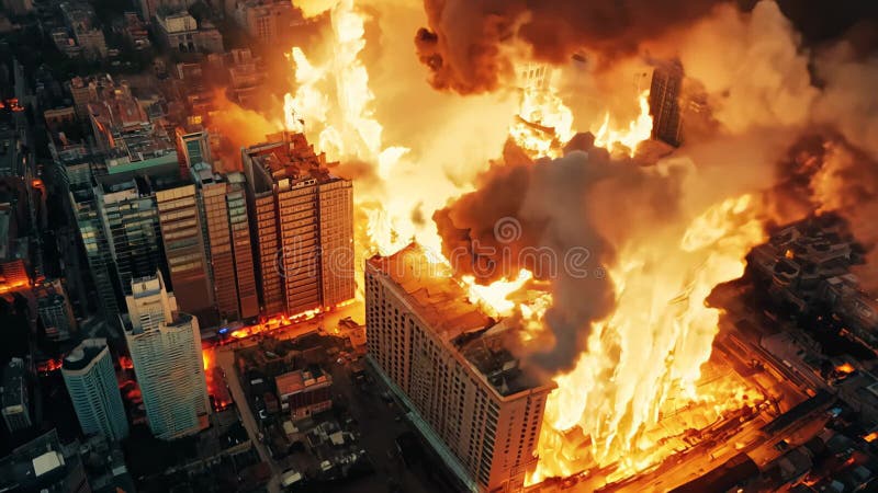 Exploding Cityscape with Buildings Engulfed in Flames and Heavy Smoke ...
