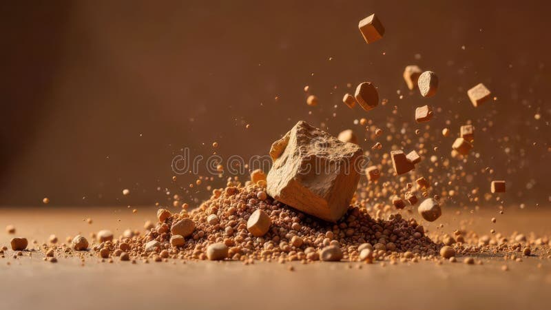Exploding Clay Block Amidst Scattered Pebbles in Motion Stock ...