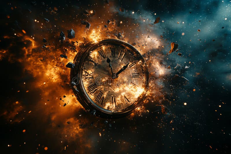 Exploding Clock with Fire and Roman Numerals on Dark Background ...