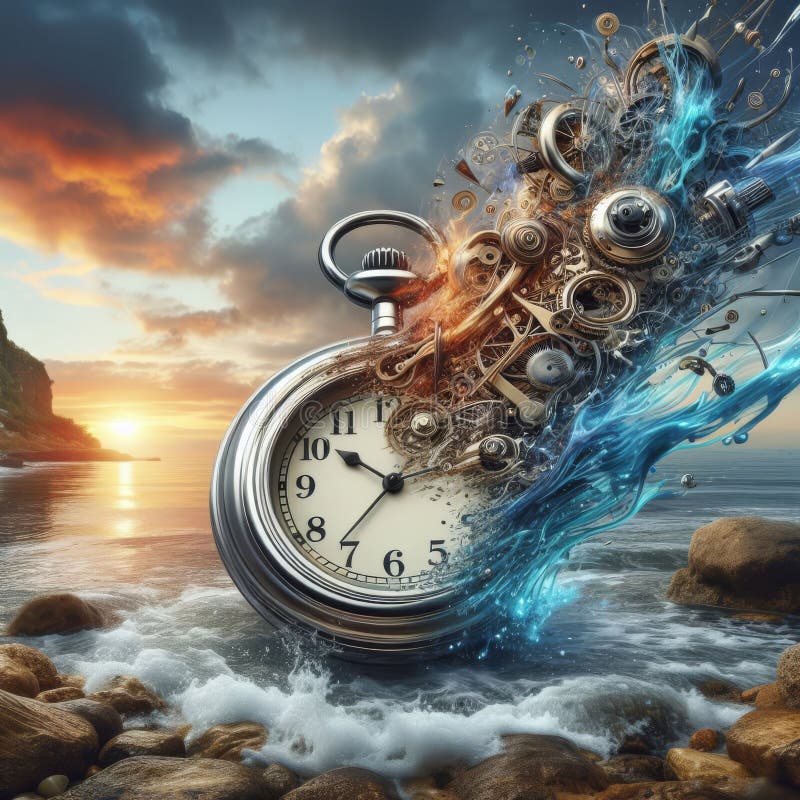 Exploding Clock with Mechanical Parts on Seashore Stock Photo - Image ...