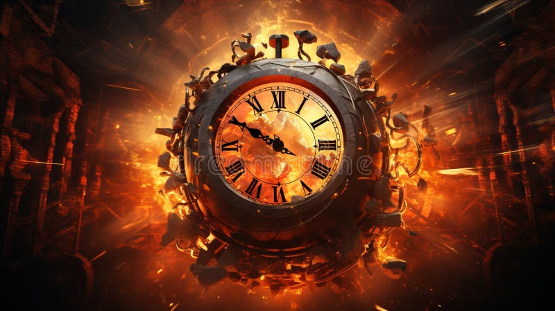 Exploding Clock with Roman Numerals in a Fiery Backdrop. Concept of ...