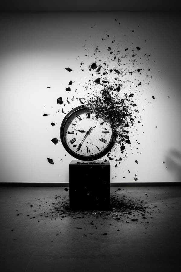 Exploding Clock with Shattering Glass on Dark Pedestal in Minimalist ...