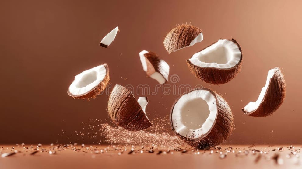 Exploding Coconut, Tropical Fruit Pieces in Motion Stock Illustration ...