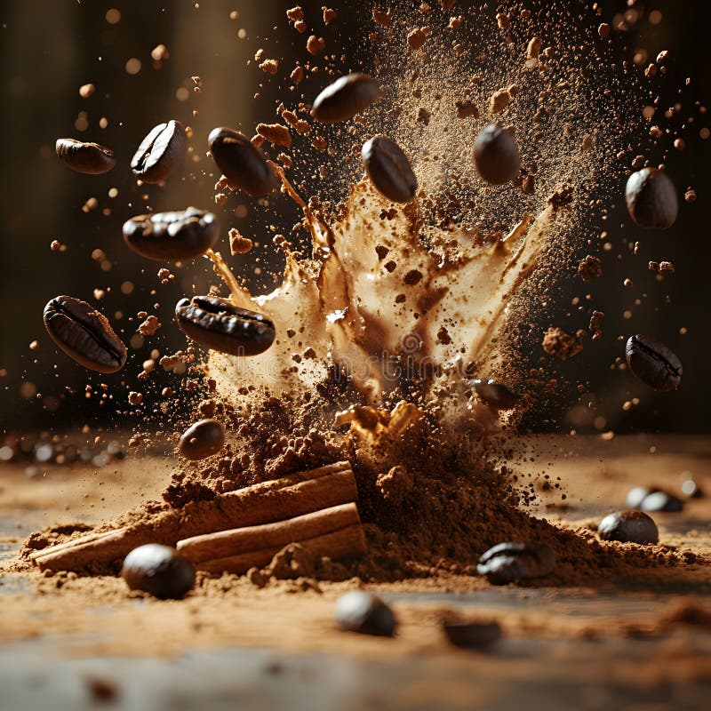 Exploding Coffee Beans with Espresso and Cinnamon Powder Stock ...