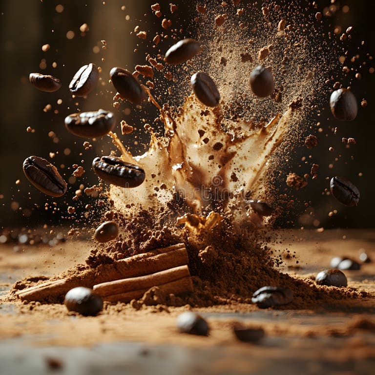 Exploding Coffee Beans with Espresso and Cinnamon Powder Stock ...