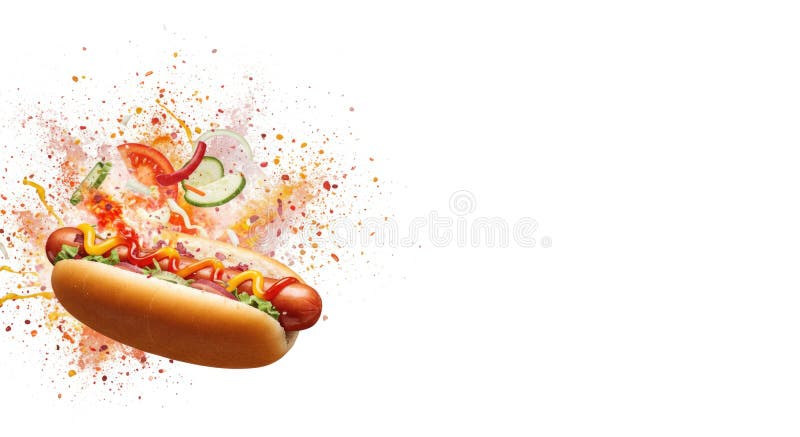 Exploding Colorful Hot Dog with Condiments and Vegetables on White ...