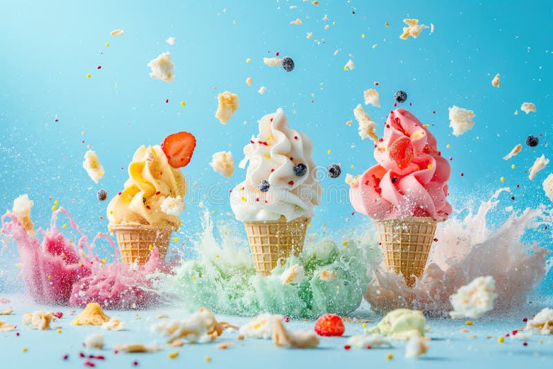 Exploding Colorful Ice Cream Cones on Blue Background Stock ...