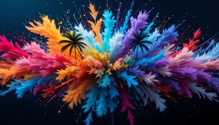 Exploding Colorful Palm Tree Design with Paint Splatters on Dark ...