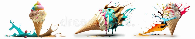 Exploding Colorful Splash Ice Cream Collection with Waffle on White ...