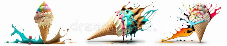 Exploding Colorful Splash Ice Cream Collection with Waffle on White ...