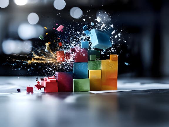 Exploding Colorful Toy Blocks in Dynamic Motion on Reflective Surface ...