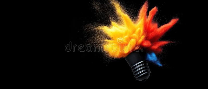 Exploding Colors from Light Bulb on Black Background Stock Illustration ...