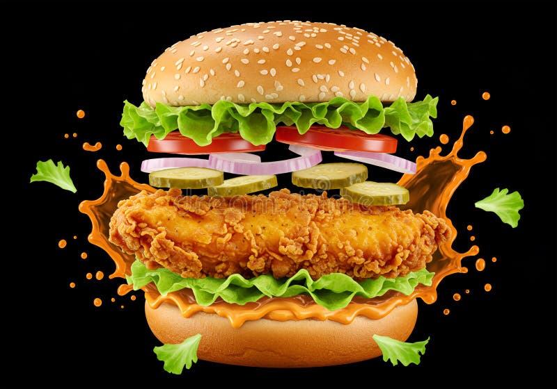 A Delicious Looking Chicken Burger with Fresh Ingredients on a Black ...