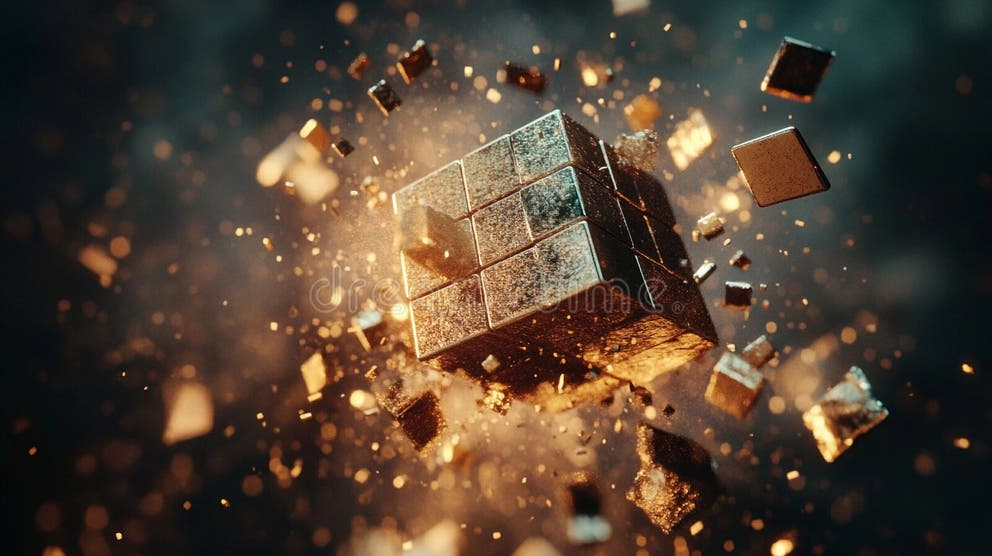 Exploding Cube Made of Metallic Blocks Surrounded by Floating Fragments ...