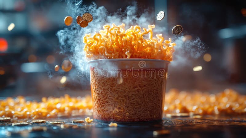 Exploding Cup of Noodles with Steam and Floating Coins Stock Photo ...