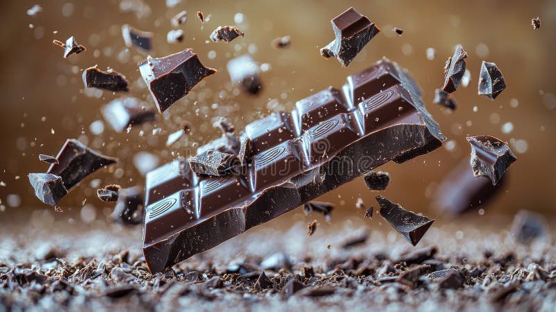 Exploding Dark Chocolate Bar with Flying Chunks and Cocoa Powder Stock ...