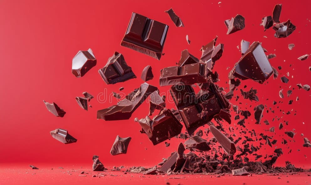 Exploding Dark Chocolate Pieces in Mid-Air Against Red Background ...