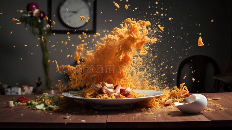 Exploding Dish Plate with Vegetables and Pasta on the Table -Ai ...