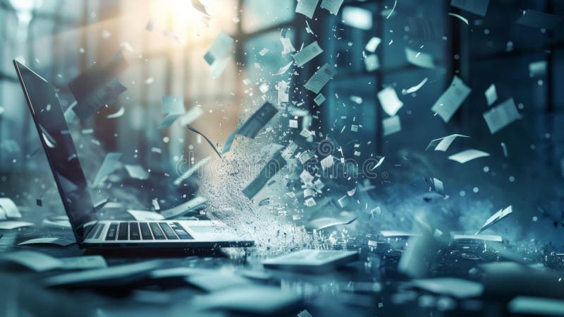 Exploding Documents from a Laptop Symbolizing Information Overload ...