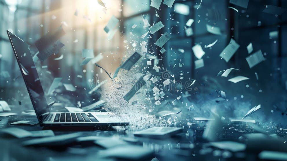 Exploding Documents from a Laptop Symbolizing Information Overload ...