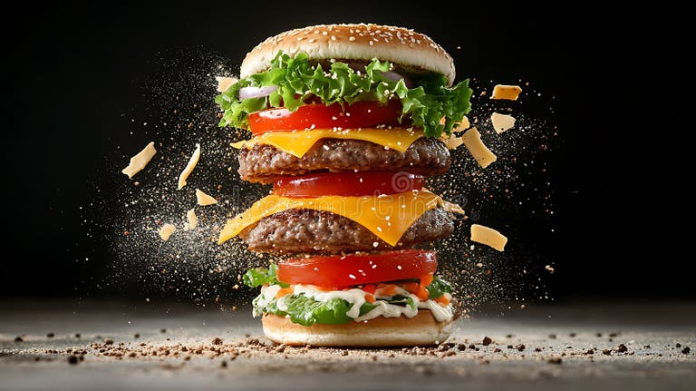 Exploding Double Cheeseburger with Flying Ingredients Stock ...