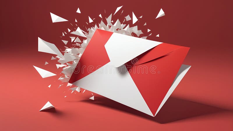 Exploding Envelope with White Fragments on Red Background Stock ...