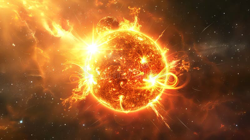 Exploding Fiery Sun in Space with Solar Flares. Concept of Solar System ...