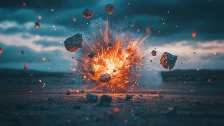 Exploding Fireball Over Deserted Battlefield with Debris Raining Down ...