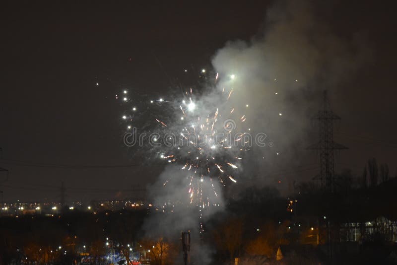 Exploding Fireworks at Night Sparks Stock Image - Image of bench ...