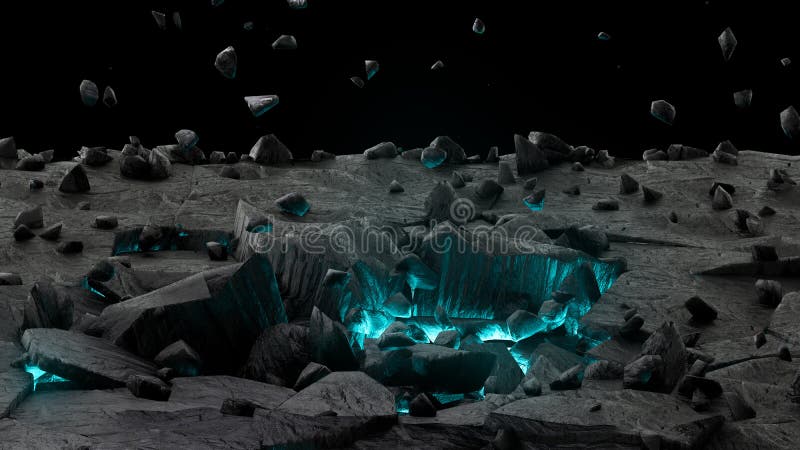 Exploding Fracturing Rough Ground with Glowing Blue Lights with Stone ...