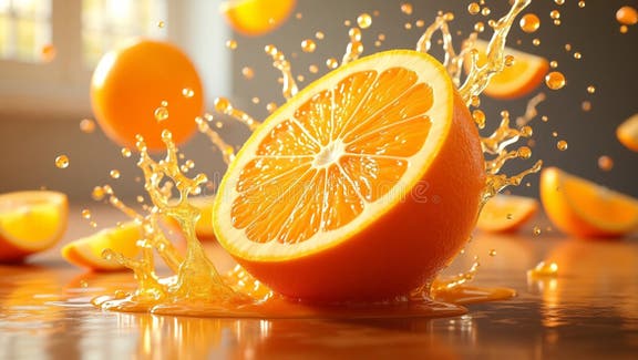 Exploding Fresh Citrus Fruit with Splashes on Reflective Surface Stock Illustration ...