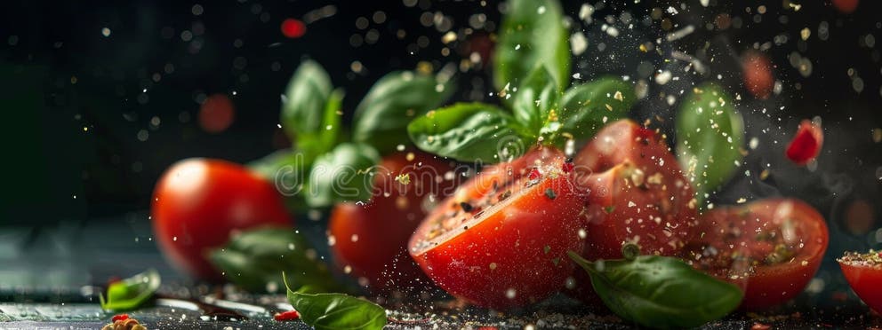 Exploding Fresh Tomatoes with Herbs and Spices in Motion Stock Photo ...