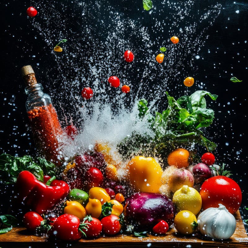 Exploding Fresh Vegetables and Fruits with Water Splash on Wooden ...