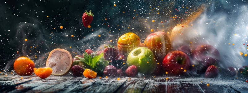 Exploding Fruit Scene with Flying Citrus and Berries in Dynamic Motion ...