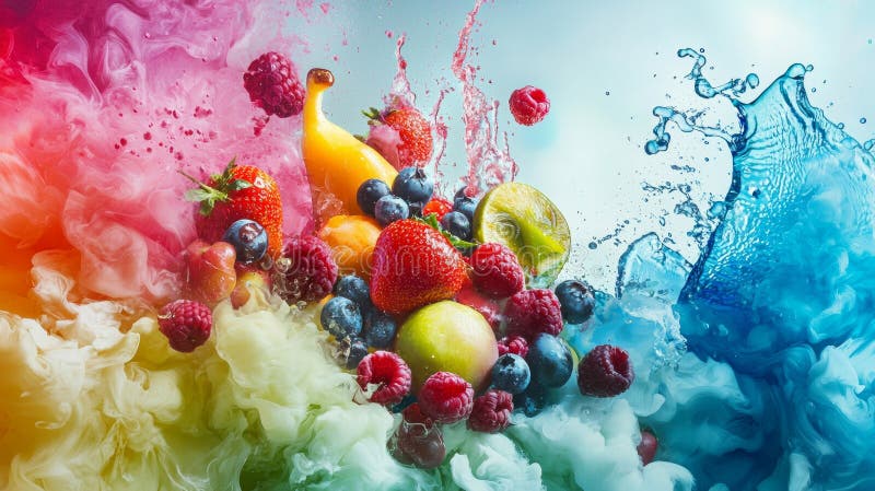 Exploding Fruits in Colorful Water Splash Stock Photo - Image of water ...
