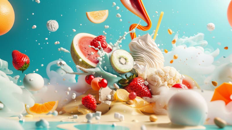 Exploding Fruits and Cream in Vibrant Splash Stock Image - Image of ...
