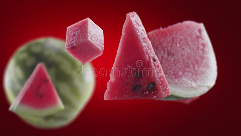 Flying of Watermelon and Slices in Deep Red Background Stock Video ...