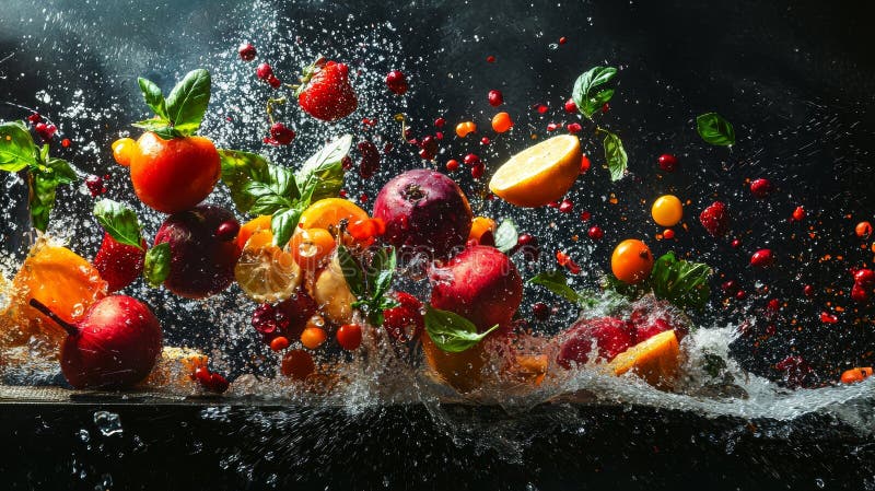 Exploding Fruits with Splashing Water and Vibrant Colors Stock Image ...
