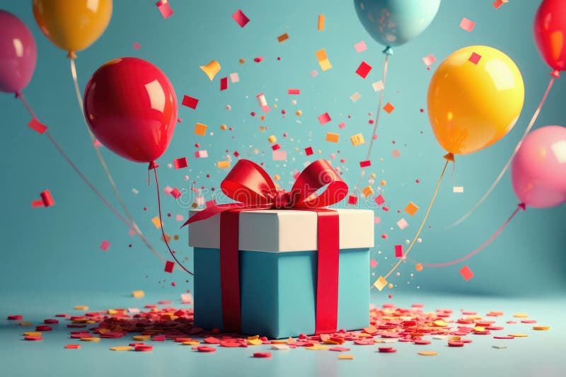 Exploding Gift Box; Vibrant Balloons, Confetti Spill , Bright, Festive ...