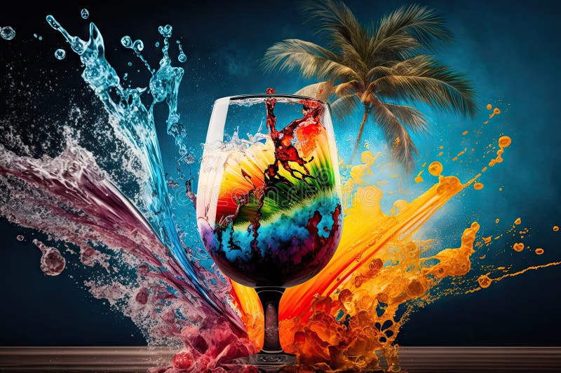 Exploding Glass with Liquid Colored Tropical Cocktail Stock Photo ...