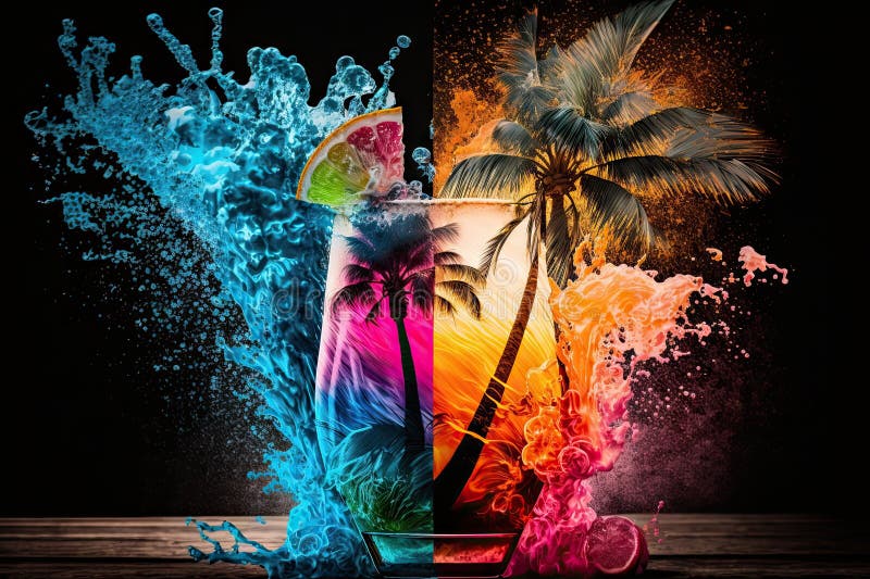 Exploding Glass with Liquid Colored Tropical Cocktail Stock ...