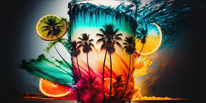 Exploding Glass with Liquid Colored Tropical Cocktail Stock ...