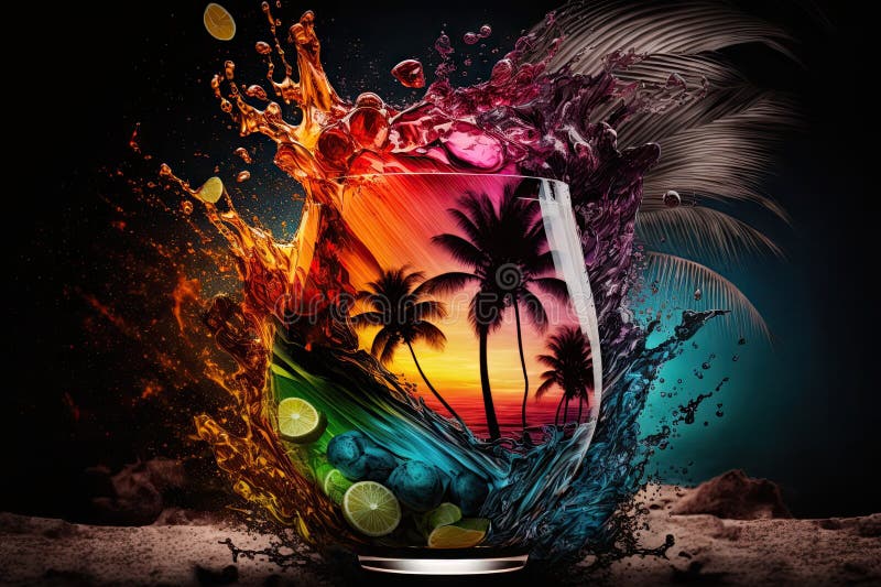 Exploding Glass with Liquid Colored Tropical Cocktail Stock ...