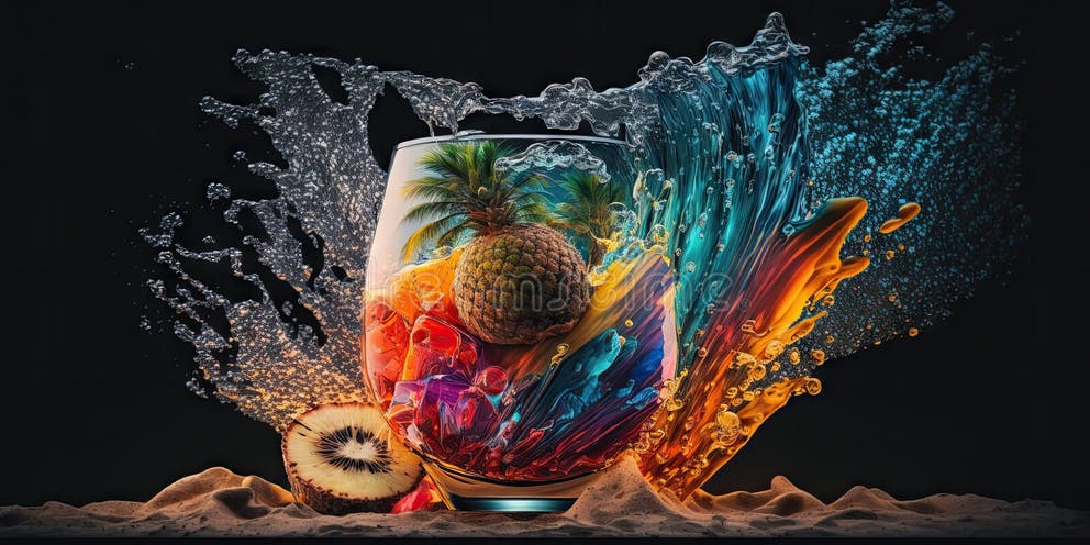 Exploding Glass with Liquid Colored Tropical Cocktail Stock ...
