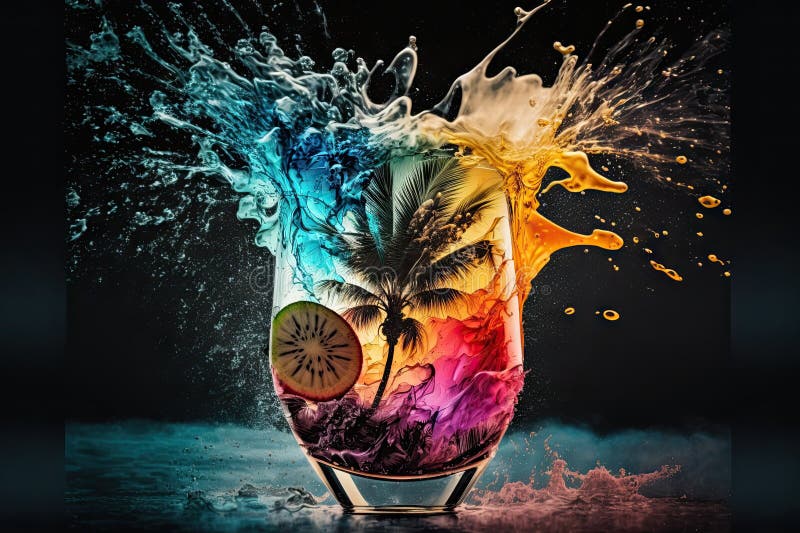 Exploding Glass with Liquid Colored Tropical Cocktail Stock ...