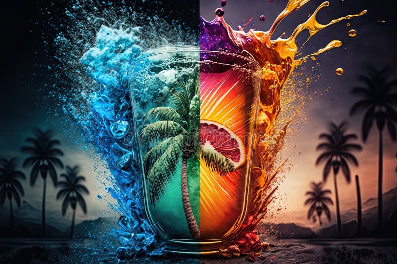Exploding Glass with Liquid Colored Tropical Cocktail Stock ...