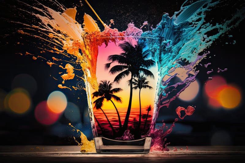 Exploding Glass with Liquid Colored Tropical Cocktail Stock ...